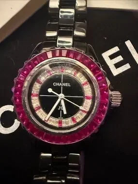 CHANEL | Accessories | Chanel Black Dial Watch With Pink Gemstone Bezel ...